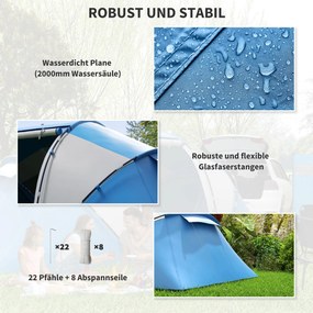 Outsunny Stan na kempování pro 4-6 osob - Lehký, stabilní, voděodolný rodinný stan s předním plachtou, stan s vodním sloupcem 2000 mm, tunelový stan …