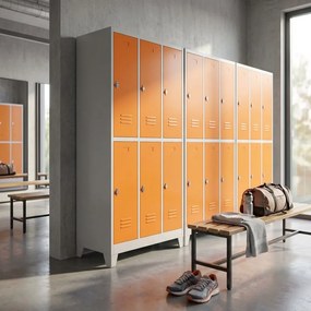 Kovová šatní skříňka - 6 boxů, 90 x 45 x 196,5 cm, nastavitelné nožky, otočný zámek, oranžová - ral 2004
