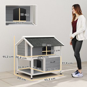 PawHut Venkovní domek pro kočky, úkryt pro kočky pro venkovní použití, vodotěsný, odklopná střecha, smrkové dřevo, 80 x 93 x 95, šedý