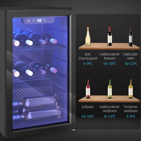 HOMCOM Vinotéka 24 lahví, kapacita 68 litrů, 4–16 °C, volně stojící zařízení na nápoje, pivo a víno se skleněnými dveřmi, černá
