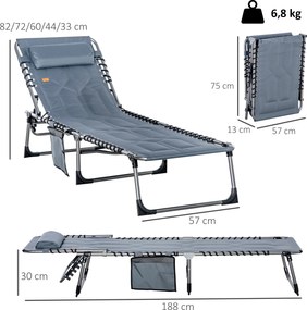 Lehátko, Skládací zahradní lehátko, Skládací lehátko s polštářem, 5stupňové opěradlo, tkanina Oxford, 188 x 57 x 30 cm, šedá barva