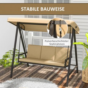 3-Sitzer Hollywoodschaukel, Gartenschaukel, verstellbares Sonnendach, 200 cm x 125 cm x 175 cm, Beige + Braun