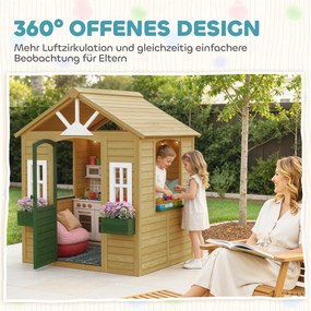 Dětský domek na hraní Dřevěný venkovní domek na hraní s dveřmi 3 okny 2 truhlíky na květiny pro děti od 3 do 8 let 134,5 x 97 x 150 cm Hnědá barva
