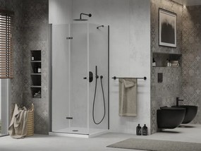 Mexen Lima, sprchový kout se skládacími dveřmi 80 (dveře) x 80 (stěna) cm, 6mm čiré sklo, černý profil + slim sprchová vanička bílá s černým sifonem, 856-080-080-70-00-4010B