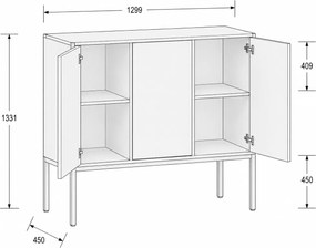 Kancelářská skříň FRAME, nízká, černá podnož, 3x dveře, 1299 x 450 x 1331 mm, PUSH-lock, šedá