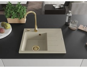 Mexen Ben, 1-komorový granitový dřez 600x500x190 mm, levý + zlatý sifon, béžová, 6522605000-69-G