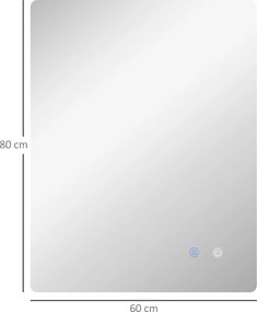 kleankin Obdélníkové LED koupelnové zrcadlo na zdi s osvětlením 80 x 60 cm s nastavením jasu bíle průhledné