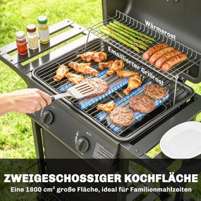 Plynový gril 5 KW 2 hořáky BBQ grilovací vozík z nerezové oceli včetně bočního stolku spodní koš přední kryt teploměr smaltovaný grilovací rošt