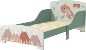 Dětská postel ZONEKIZ dřevěná 143x77x60 cm pro děti 3-6 let s ochrannými zábranami a potiskem, max. nosnost 40 kg, moderní zelený nábytek do dětského