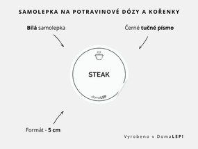 STEAK - omyvatelná samolepka na kořenky, výběr rozměrů Ø 5 cm / 5 x 5 cm / 6 x 8 cm | DomaLEP tvar: ČTVEREC, barva: BÍLÁ - ČERNÉ písmo, velikost: š. 5 cm x v. 5 cm - tučné písmo