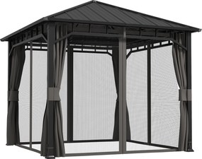 Zahradní altán 3×3 m s pevnou střechou, kovový pavillon, bočnice, moskytiéra, zimní odolnost, tmavě šedý