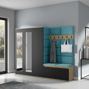Eka Předsíňová stěna s čalouněnými panely Trinity 15 - Dub Artisan s černou / Azurová 2313