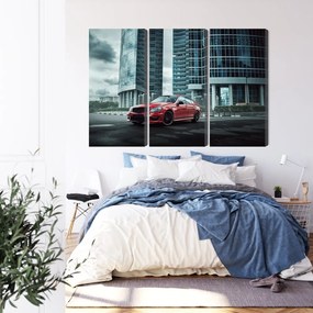 Vícedílný obraz Červené Auto Na Pozadí Moderních Mrakodrapů Nedostatek Nedostatek Přírodní plátno 180x120