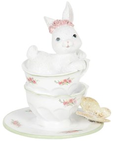 Dekorace bílé králičí slečny v porcelánových šálcích s motýlem – 12x12x15 cm