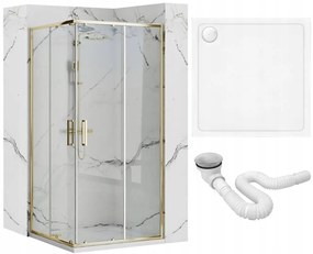 Rea Punto, sprchový kout s posuvnými dveřmi 90(dveře) x 90(dveře) x 190 cm, 5mm čiré sklo, zlatý lesklý profil + bílá sprchová vanička Savoy, KPL-K6440