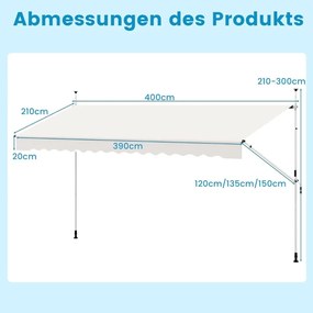 Costway 400 cm balkónová markýza bez vrtání s ruční klikou, výškově nastavitelná