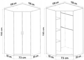 Rohová šatní skříň ZORICA - šířka 106 cm, dub sonoma