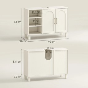 HOMCOM Podskříňková koupelnová skříňka s pedestálem, moderní koupelnová skříňka s 2 dvířky a nastavitelnými policemi 90x30x63 cm Krémová