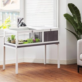 PawHut zvýšený dřevěný domek pro želvy – 2 zóny, držák na lampu, vysouvací zásuvka, šedý – 104 × 53 × 82 cm
