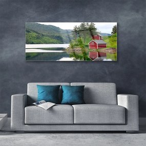 akrylový obraz Hory Dům Jezero Krajina 125x50 cm