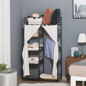 HOMCOM Šatní skříň pro dospělé s 5 policemi, oblečení a šatní tyčí, 84L x 42W x 159H cm, kovová černá s 2 bílými závěsy