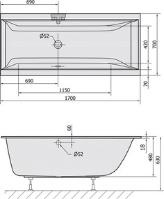 Polysan CLEO SLIM 170 x 70 x 48 cm 74611S vana obdélníková bílá
