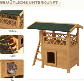 PawHut dvoupatrový domek pro kočky s asfaltovou střechou a balkonem, vila pro kočky z masivního dřeva se schody, přírodní, 77x50x73cm| Aosom