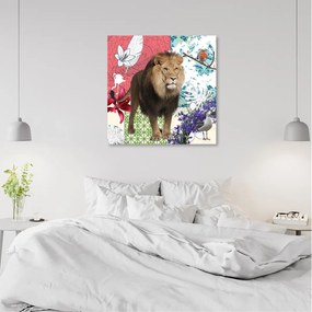 Obraz na plátně, Koláž lva a ptáků - 50x50 cm