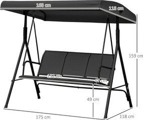 Zahradní houpačka Outsunny pro 3 osoby s nastavitelnou sluneční clonou, ergonomické sedátko a opěradlo, ocel a textilene černá | Aosom