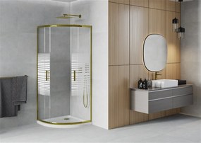 Mexen Rio, čtvrtkruhový sprchový kout 80(dveře)x80(dveře)x190 cm, 5mm čiré sklo s pásky, zlatý profil + bílá sprchová vanička SLIM, 863-080-080-50-20-4110G