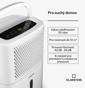 Klarstein DryFy 10L odvlhčovač, 10 l/den, 12m², 80 m³/h, časovač, nádrž na vodu, mobilní