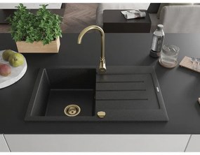 Mexen Bruno, dřez granitový 795x495x200 mm, 1-komorový, černá-stříbrná metalíza se zlatým sifonem, 6513791010-73-G