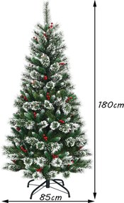 Costway 180 cm Umělý vánoční stromek se sněhovými vločkami, červenými bobulemi