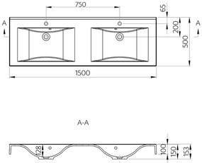 Sapho, FLAVIA dvojumyvadlo 150x50cm, litý mramor, bílá, 68154
