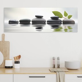Obraz na plátně - Meditace, černé kameny ve vodě, listy FeelHappy.cz Velikost obrazu: 120 x 40 cm
