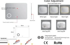 Erga Myra, LED zrcadlo 80x60 cm s kosmetickým zrcadlem 3x zvětšení, 3146 lm, 3 barvy světla, zadní osvětlení, ERG-V01-MYRA-8060-00