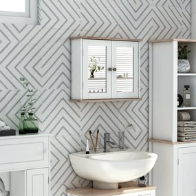 Nástěnný koupelnový kabinet kleankin se zrcadlem 2 úrovně s 1 nastavitelnou policí a 2 dřevěnými dveřmi - rozměr 56 š x 14 h x 46 v cm