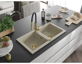 Mexen Mario, granitový dřez 820x436x161 mm, 2-komorový a dřezová baterie Aster, béžová, 6504-69-73450-57-G