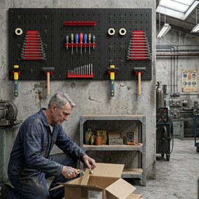 HOMCOM nástěnný pegboard 3×60 × 40 cm, 28dílný držák nářadí s háčky a přihrádkami, černá/červená
