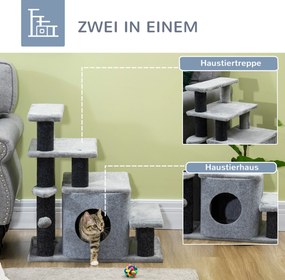 Schodiště pro kočky PawHut 3/4-stupňové schodiště pro kočky s jeskyní na spaní a míčem na hraní, plyšový potah, robustní dřevotříska pro kočky | Aoso…