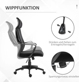Vinsetto kancelářská židle s nastavitelným opěradlem, područkami, hlavovou opěrkou, kolečky a houpací funkcí, nosnost 120 kg, 64x55x116-126 cm, černá