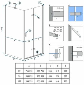 Rea Molier, sprchová kabina 100(dveře) x 90(stěna) x 190 cm, 6mm čiré sklo, chromový profil, KPL-K0371