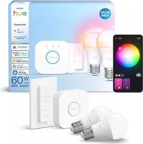 Philips Hue Essential WCA E27 9W 2ks + Bridge + stmívač / Sada chytréh