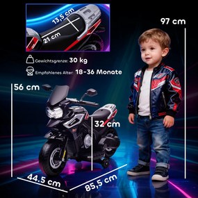 AIYAPLAY Elektrická motorka pro děti od 18-36 měsíců, sedací vozidlo, pomocná kolečka, světla, hudba, plast, kov, černá