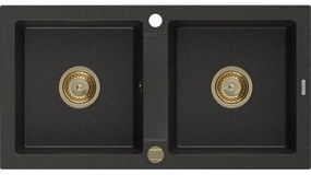 Mexen Mario, granitový dřez 820x436x161 mm, 2-komorový, černá-zlatá metalíza se zlatým sifonem, 6504822000-75-G