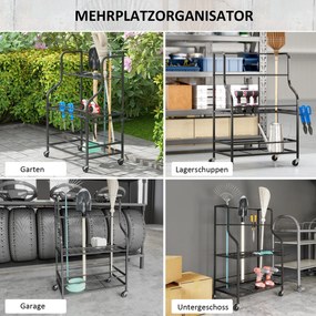 Organizér na zahradní nářadí 3-patrový stojan na zahradní nářadí s háky do 40 kg zátěže 77x40x97cm černý