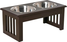 PawHut sada misek pro psy 2 nerezové misky na krmivo, zvýšená miska pro kočky, MDF, snadná údržba, káva, 44x24x15cm| Aosom