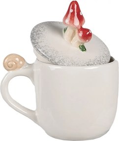 Bílý hrnek se srdíčkem a víčkem s houbičkami - 14*10*9 /15 cm / 400 ml
