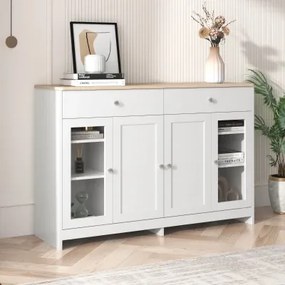 Aosom Příborník v rustikálním stylu 120x80 cm, 4 dveře, 2 zásuvky, Vložené sklo pro obývací a jídelní pokoj, Bílá barva dřeva