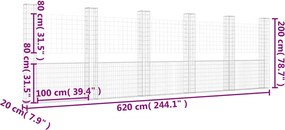 Gabionový koš ve tvaru U se 6 sloupky železo 620 x 20 x 200 cm 151293
